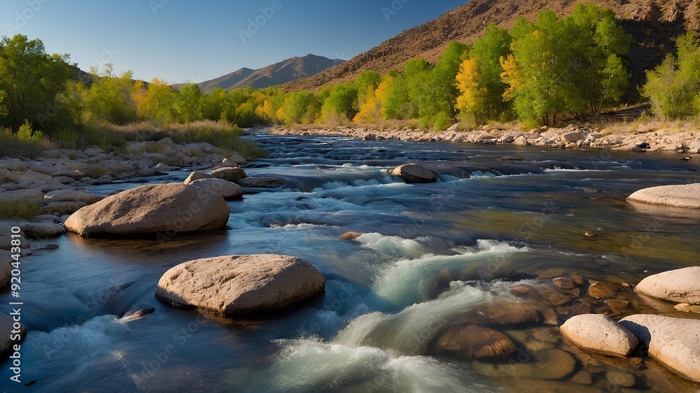 Riverbed Design. Flowing riverbed with clear waters and rocky terrain ...