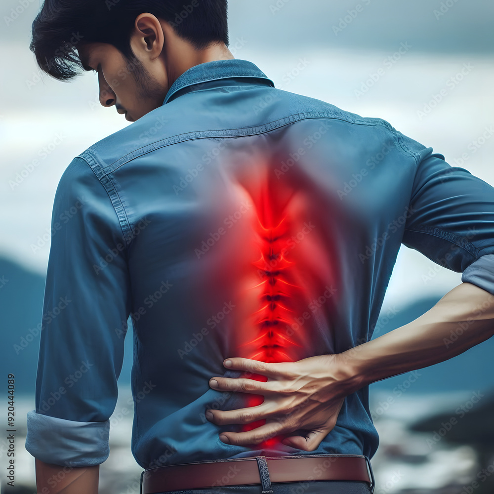 Man Experiencing Lower Back Pain | A young man holding his back in pain ...