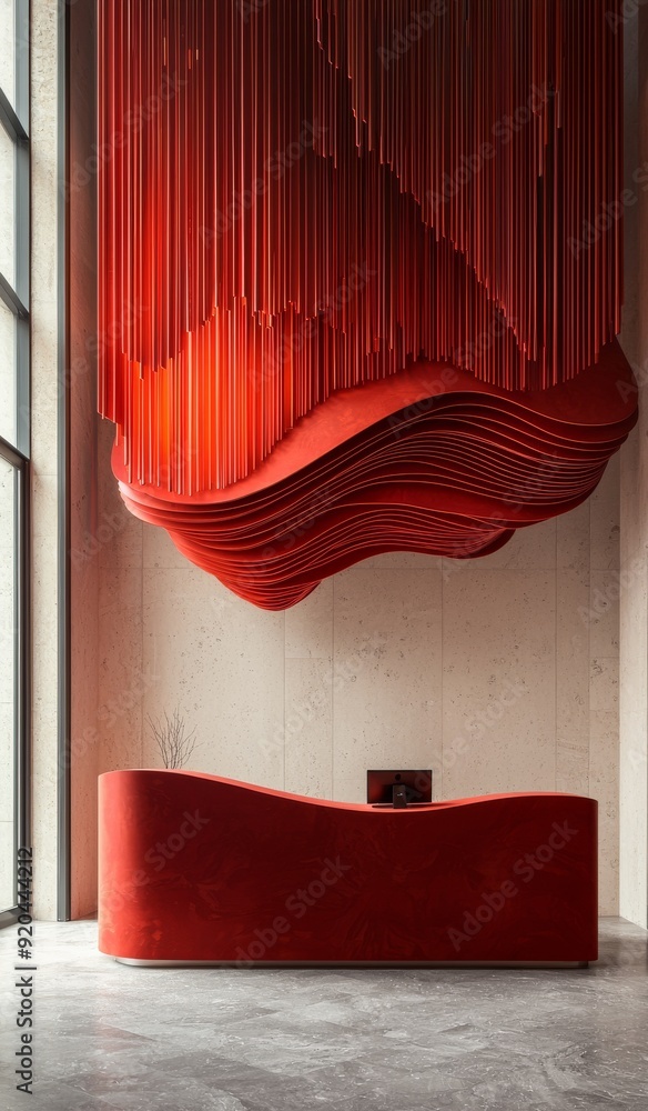 Modern red reception desk with parametric design ceiling in elegant ...