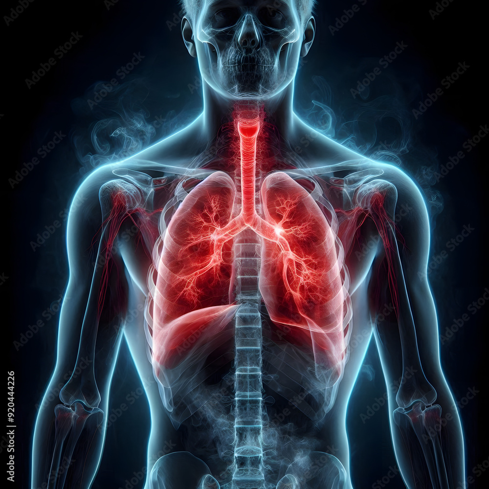 X-ray of Lungs with Red Highlight | An X-ray image showing lungs with ...