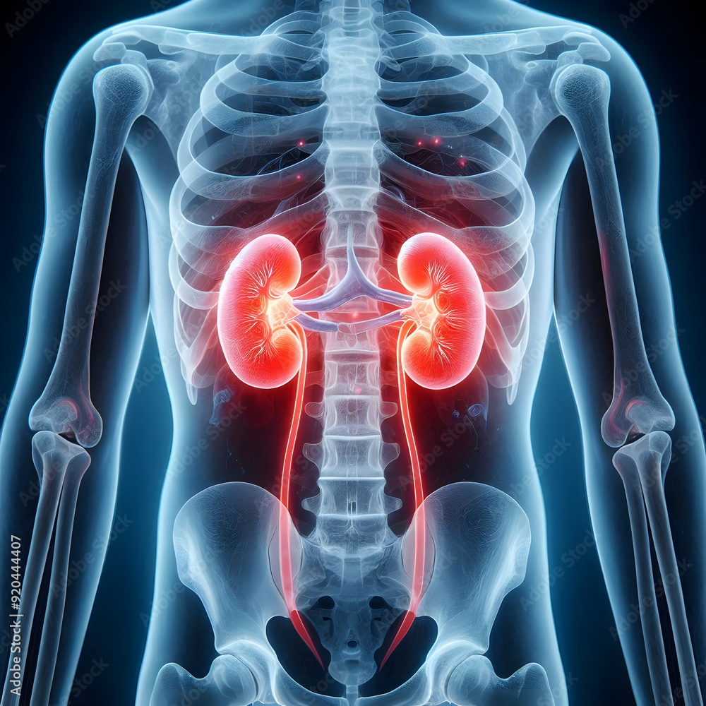 X-ray of Kidneys with Red Highlight | An X-ray image showing kidneys ...