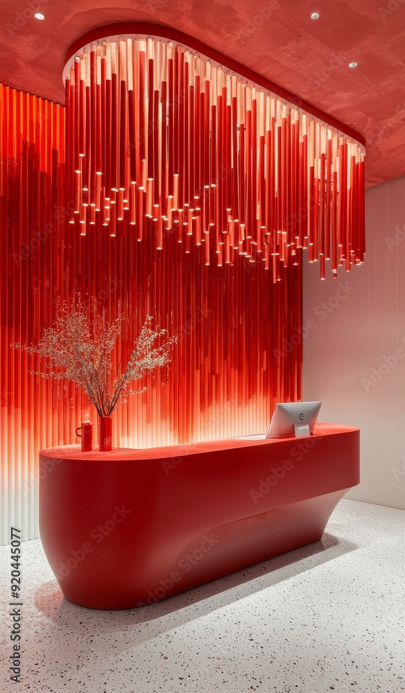 Modern red reception desk with parametric design and striking ceiling ...
