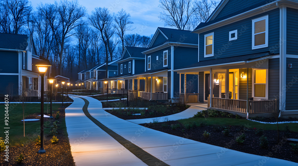 Scenic Dusk View of a New Neighborhood with Solar-Powered Streetlights ...