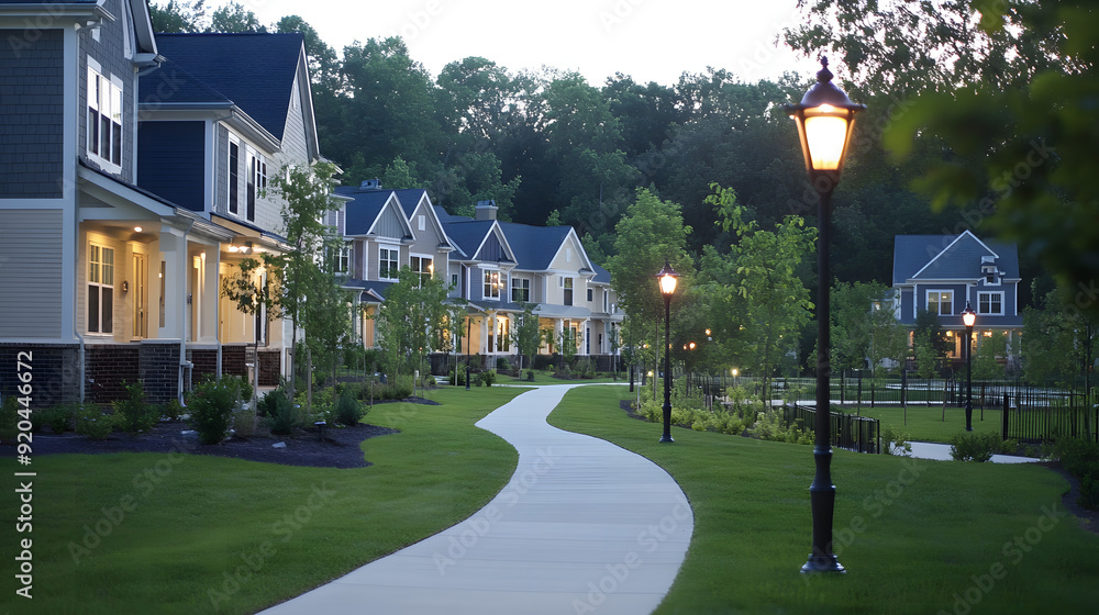 Scenic Dusk View of a New Neighborhood with Solar-Powered Streetlights ...