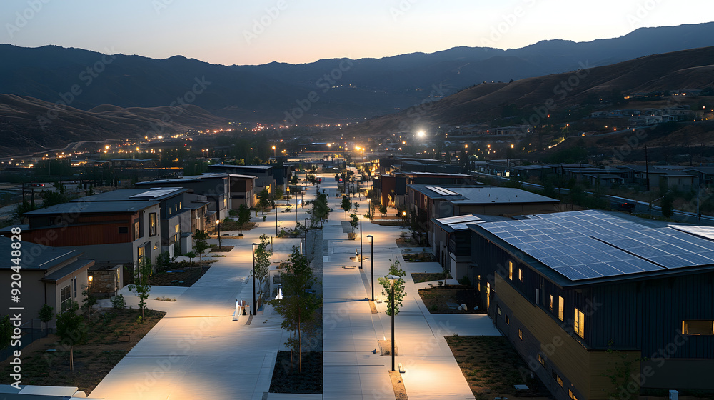 Scenic Dusk View of a New Neighborhood with Solar-Powered Streetlights ...