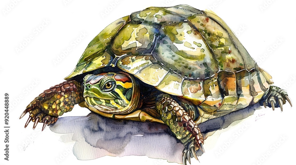 Box turtle peeking out from its shell,Clipart, watercolor illustration ...