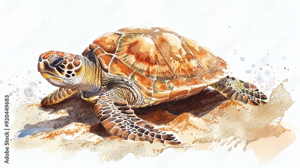 Loggerhead turtle crawling on the sand,Clipart, watercolor illustration ...