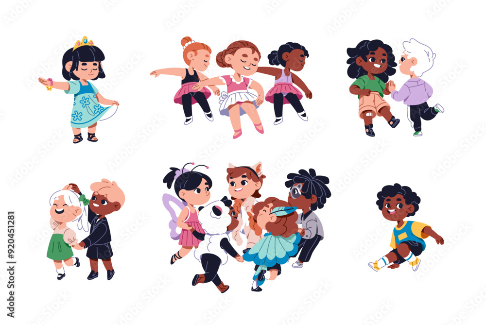 Diverse happy kids dance set. Group of cute little girls goes ballet ...