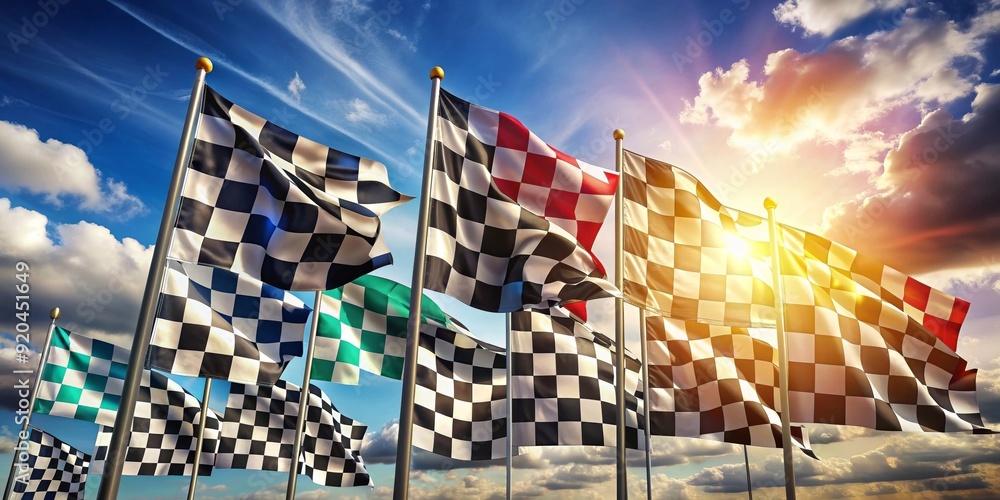 Auto sport grid flag background with various colored racing flags ...