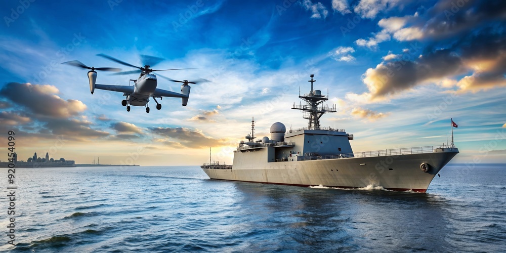 Water drone monitoring activities near a large military ship, military ...