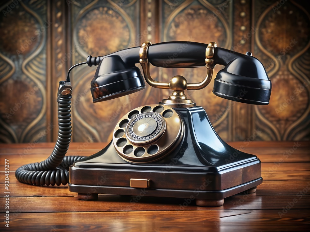 Retro black phone with vintage call handset resting on a classic desk ...