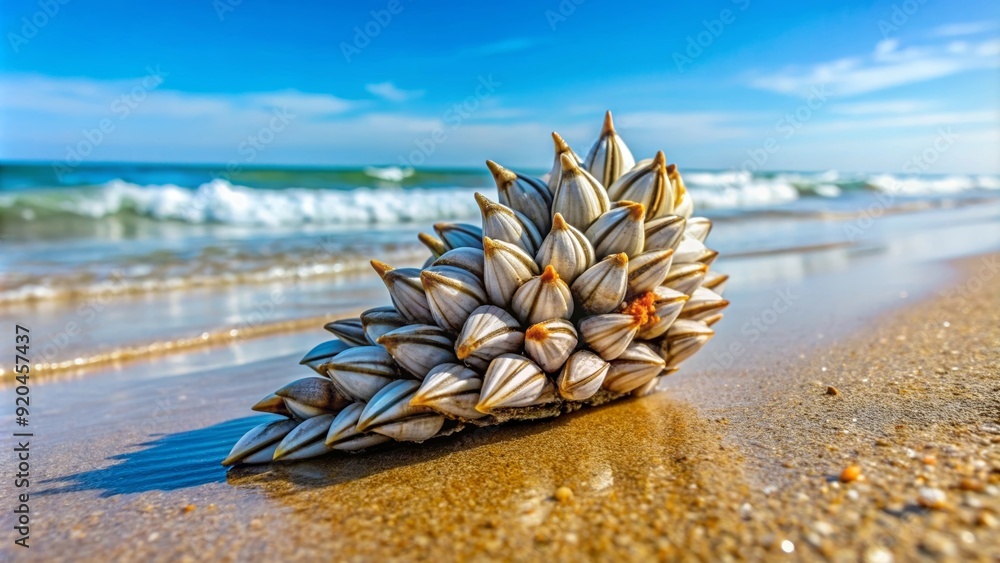 Pelagic gooseneck barnacle washed up on a sandy beach, marine ...