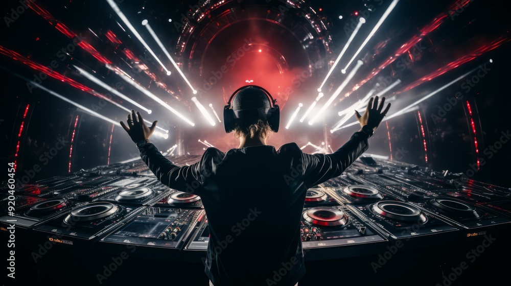 DJ with headphones at night club party under the blue light and people ...