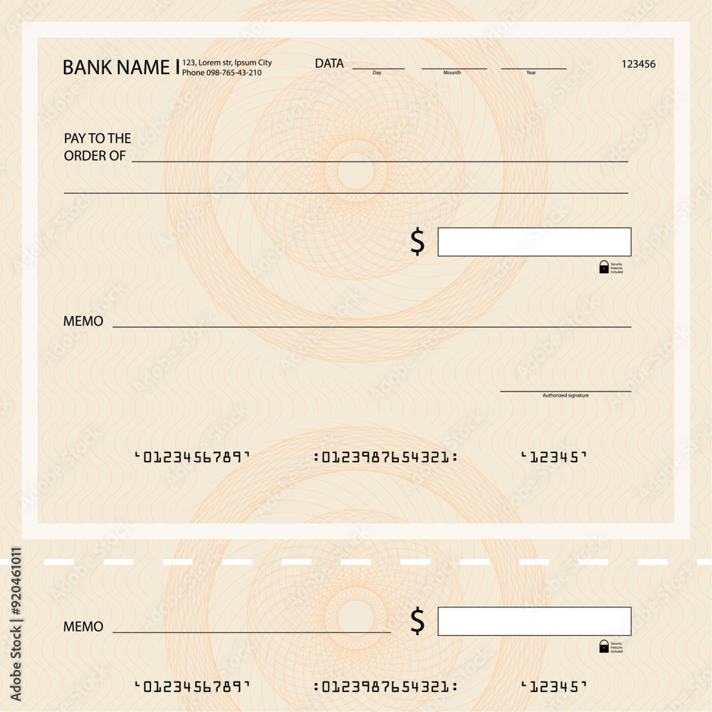 Bank cheque with guilloche pattern and place to write amount and ...