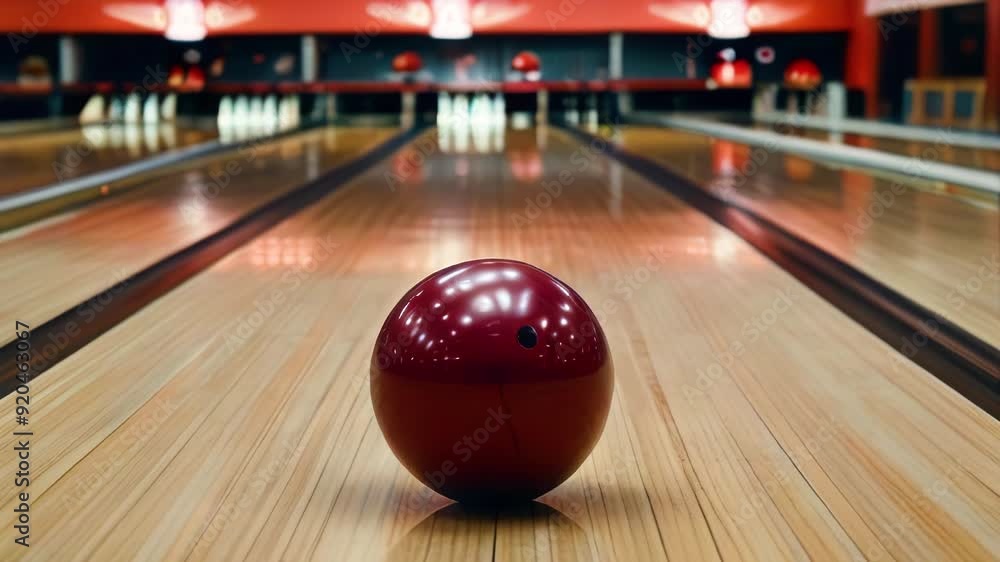 Red bowling ball rolling down the lane, close-up. Bowling club ...