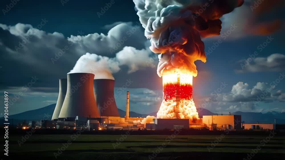 Nuclear power plant cooling tower on fire. Heavy black smoke rises ...