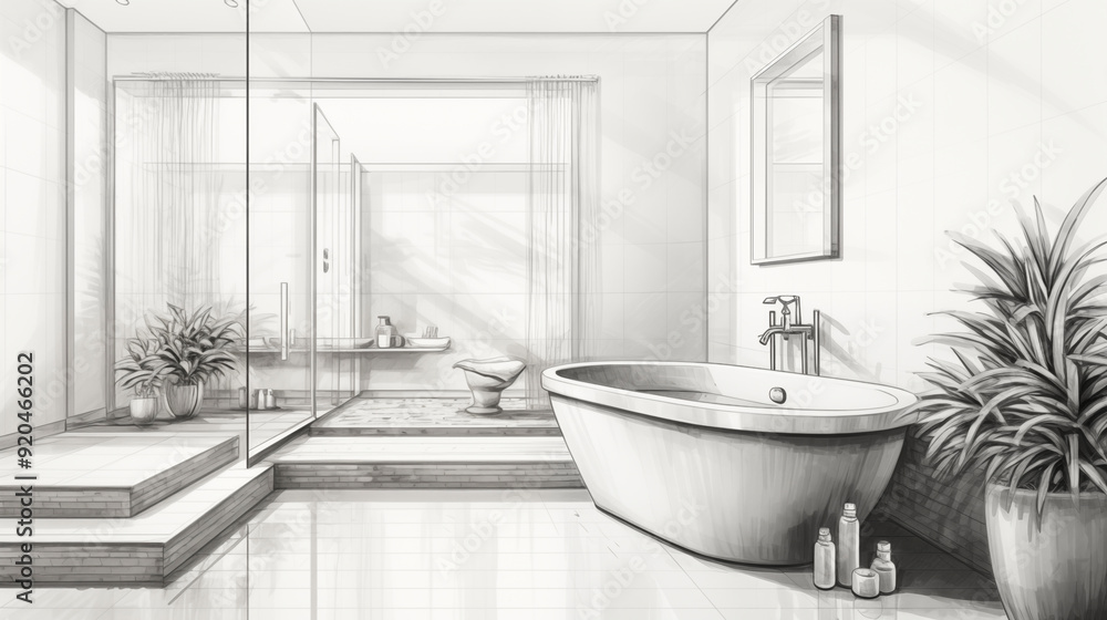 Plan an bathroom with a with bathtub and shower drawing, bathroom ...