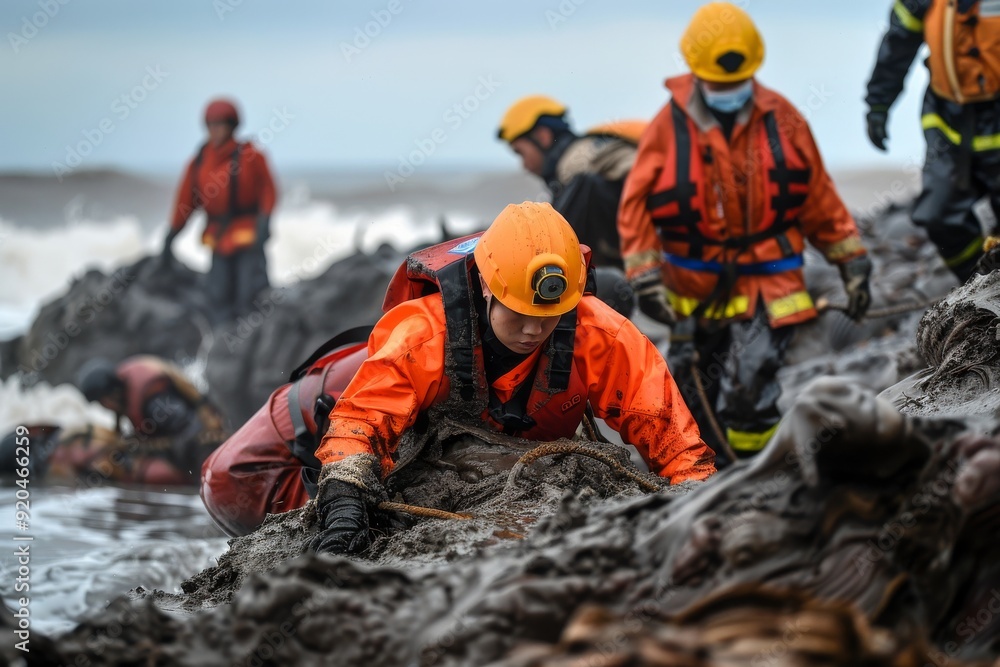 Rescuers searching for survivors amid the chaos, Men in orange uniforms ...