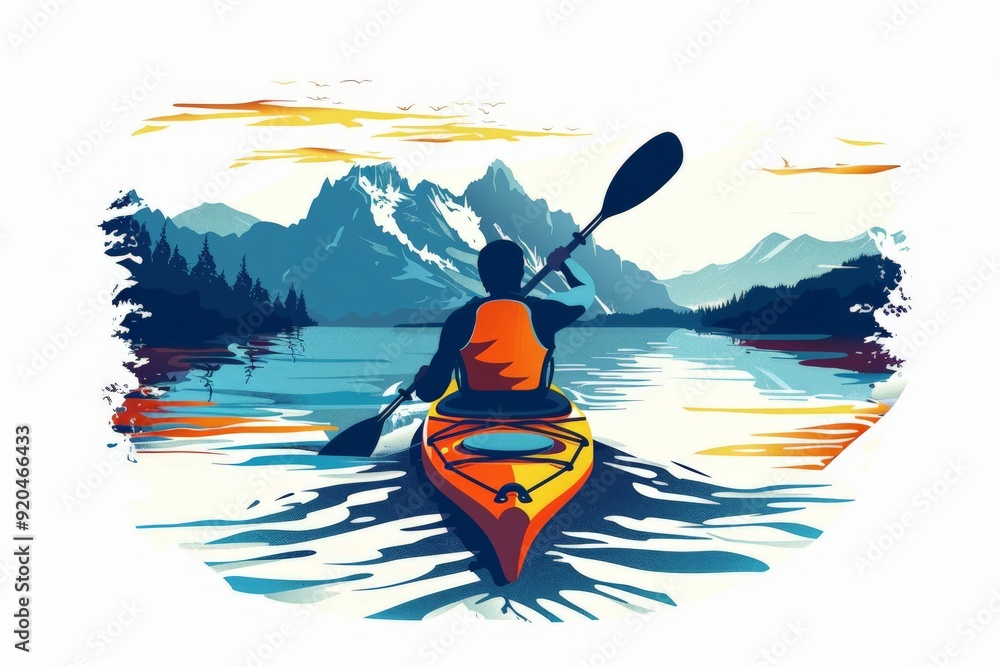 Lake in the mountains kayaking back view young man silhouette, wild and ...