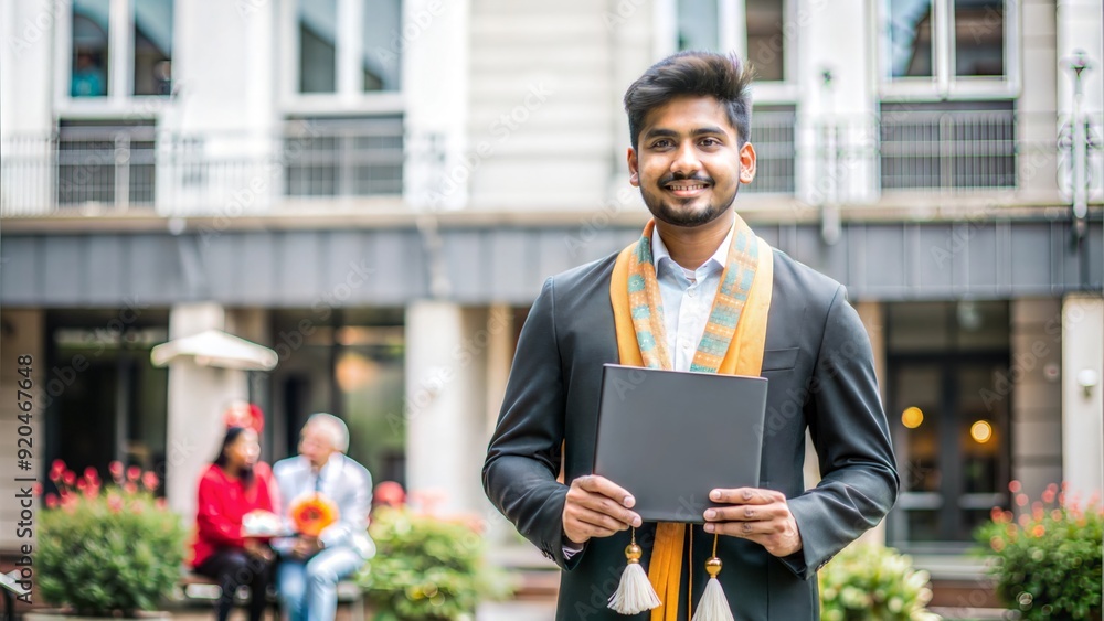 An Indian student holding an academic award or certificate, standing ...
