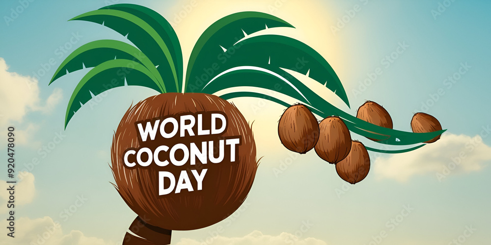 Sunny Sky with Stylized Coconut Tree and Creative 'World Coconut Day ...