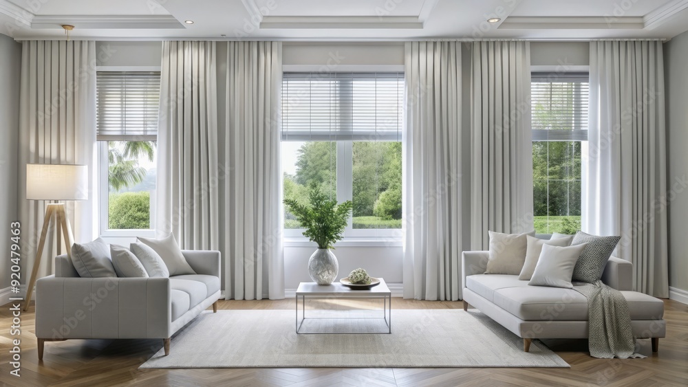 Elegant white curtains with subtle fold details paired with sleek ...