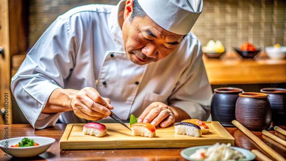Skilled hands of a seasoned sushi master carefully craft a bespoke ...