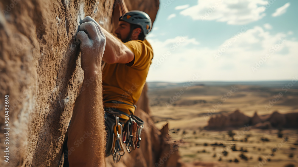 A rock climber’s hands and gear close-up as they grip a challenging ...
