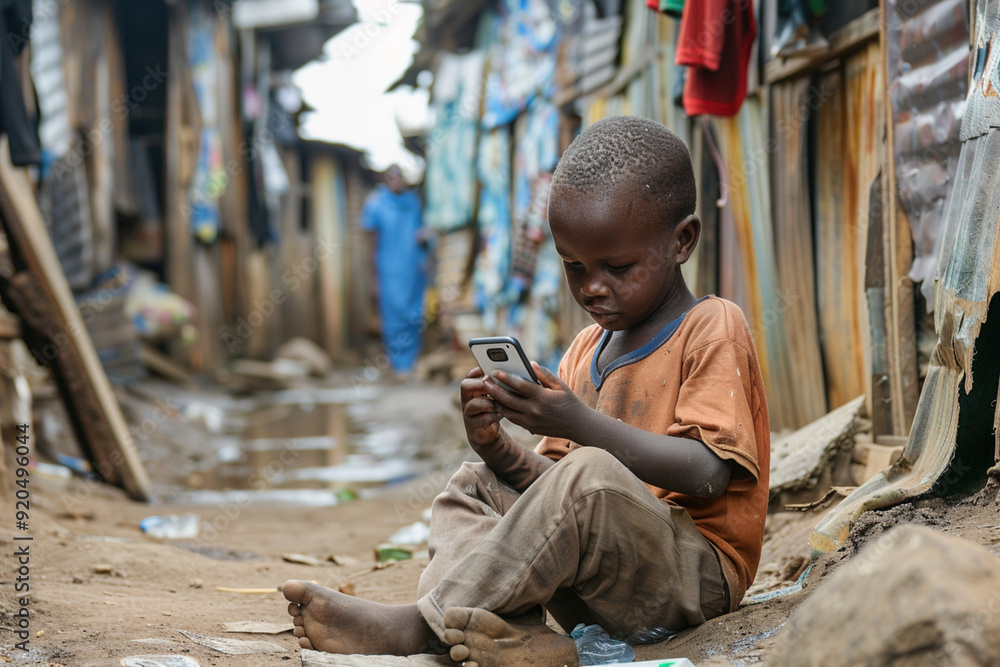 Homeless african child engaged with technology. poverty, technology ...
