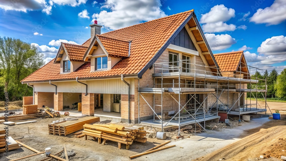 Newly built residential house with clay tiles roof under construction ...
