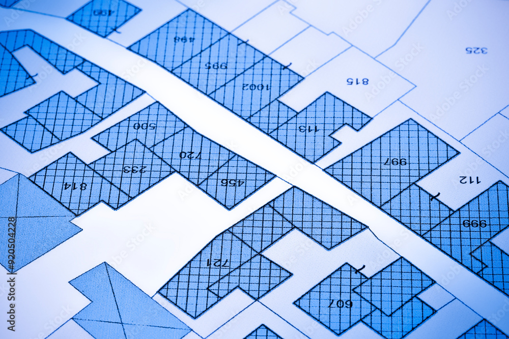 Imaginary cadastral map with buildings, land parcel and vacant p Stock ...