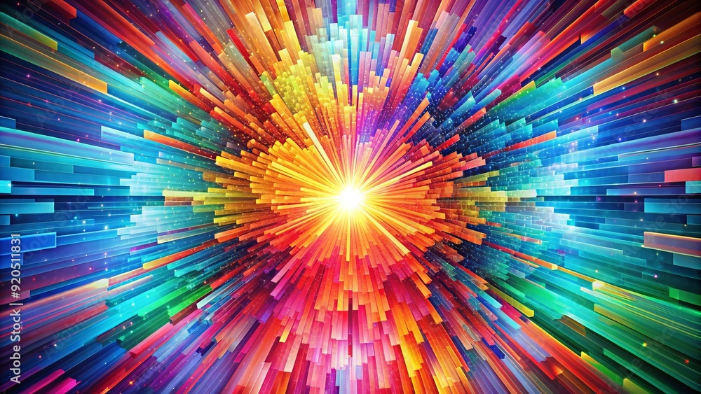 Vibrant multicolored pixel art explosion bursts from a central point, radiating vector lines and ...