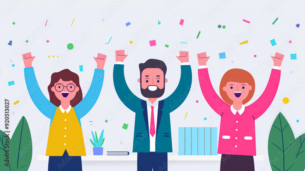 Animated Business Team Celebrating Success with Raised Hands and ...