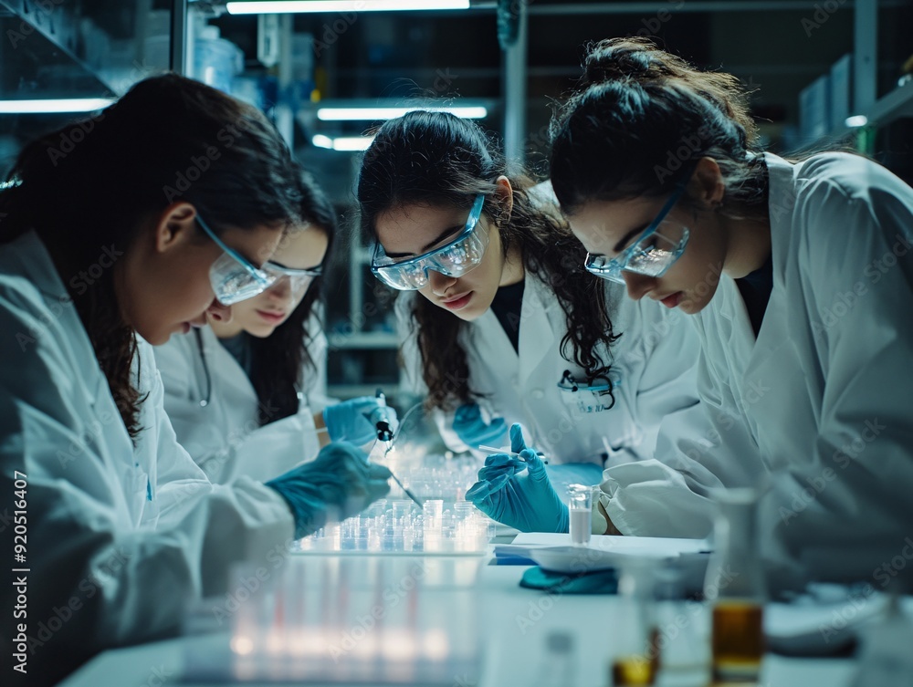 Grupo de profesionales científicos jóvenes realizando un experimento ...