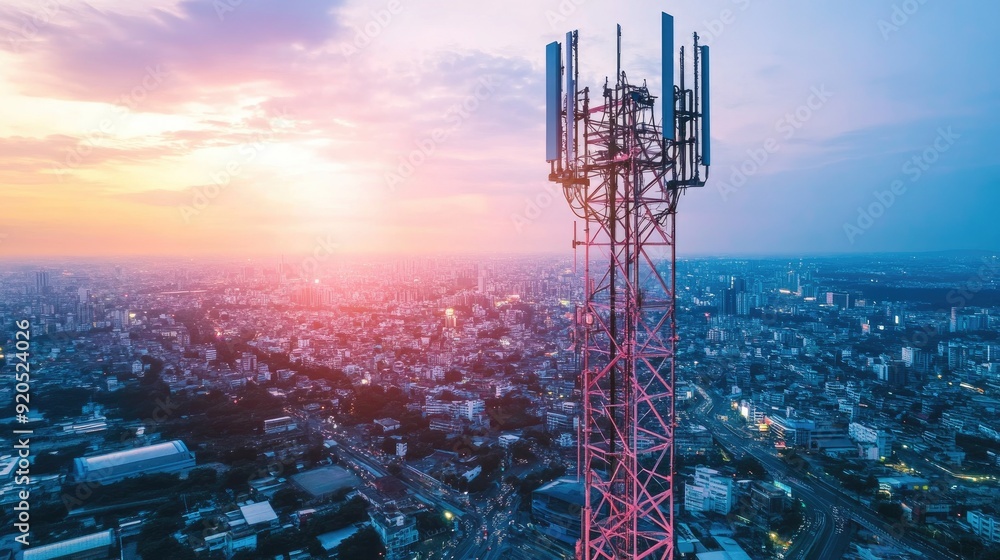 Poster A telecommunication mast with 5G antennas, towering over a ...