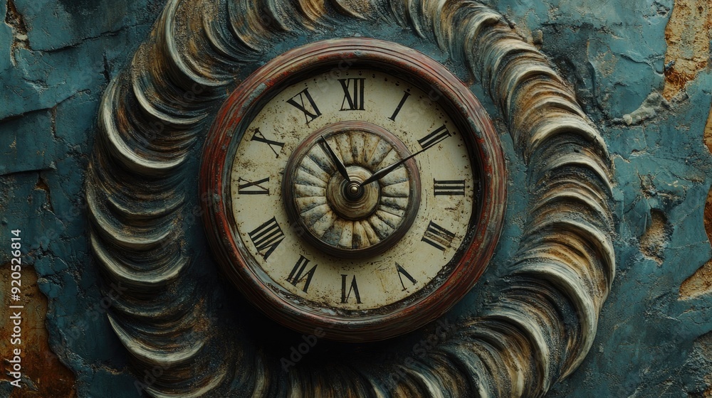 An old-fashioned wall clock with a spiral distortion, creating a ...