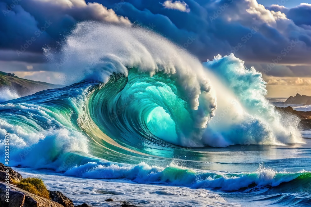 Dramatic ocean wave crashes against shore, showcasing vibrant blue hue ...
