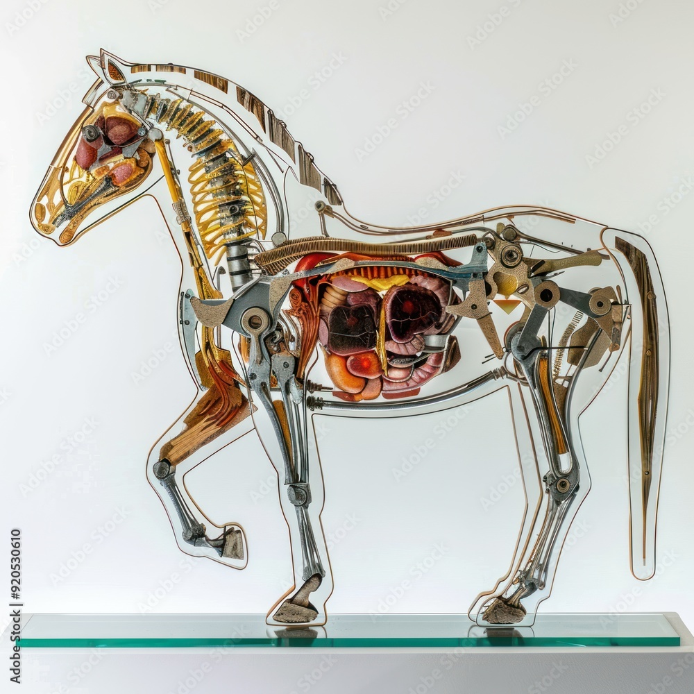 A detailed anatomical model of a horse, showing its skeletal and ...