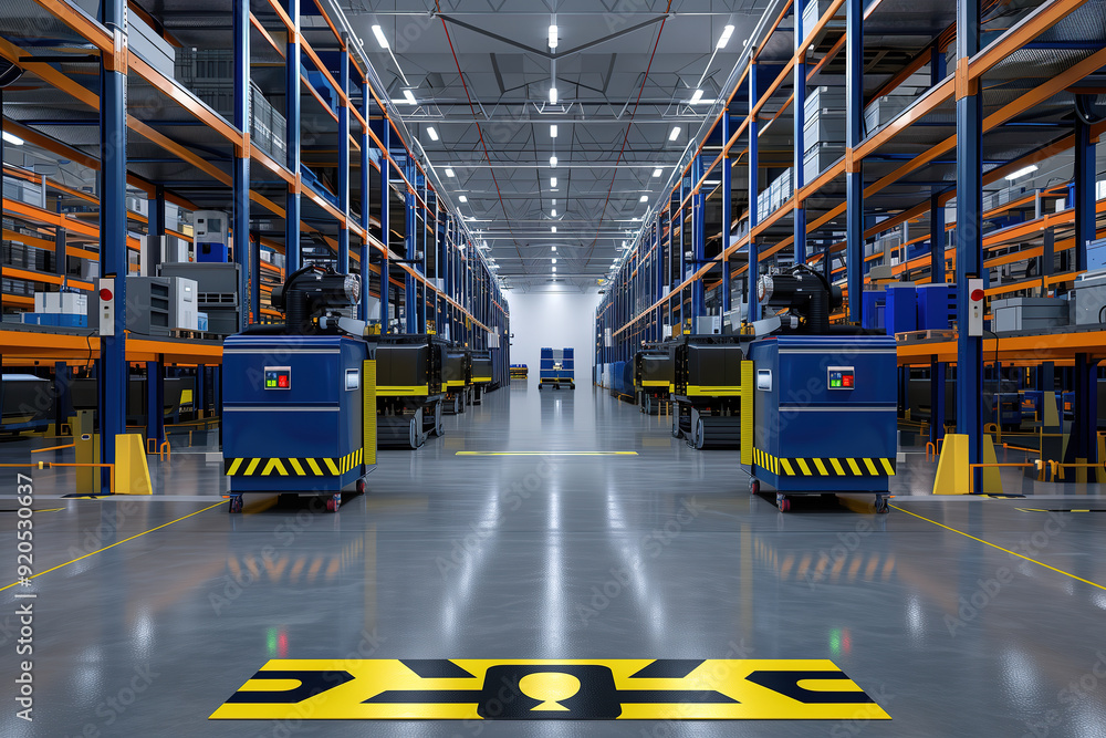 Automated robots navigate a vast, modern warehouse equipped with high ...