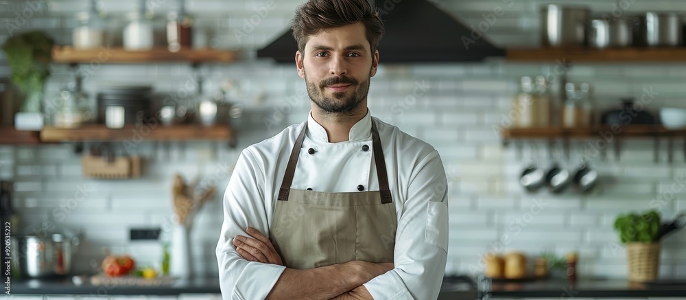 Professional Chef in Modern Kitchen with Arms Crossed, Wearing Apron ...