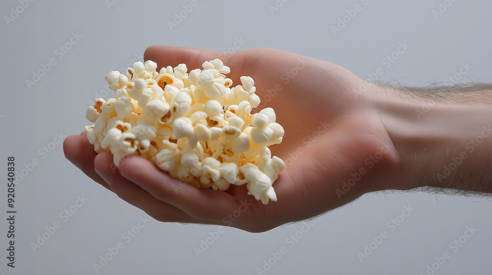 A hand holding a generous portion of popcorn. The popcorn appears fresh ...
