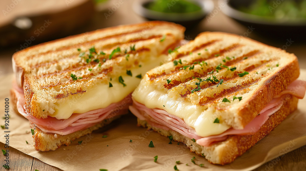 sandwich, cut into two halves, revealing its inner ingredients. The ...