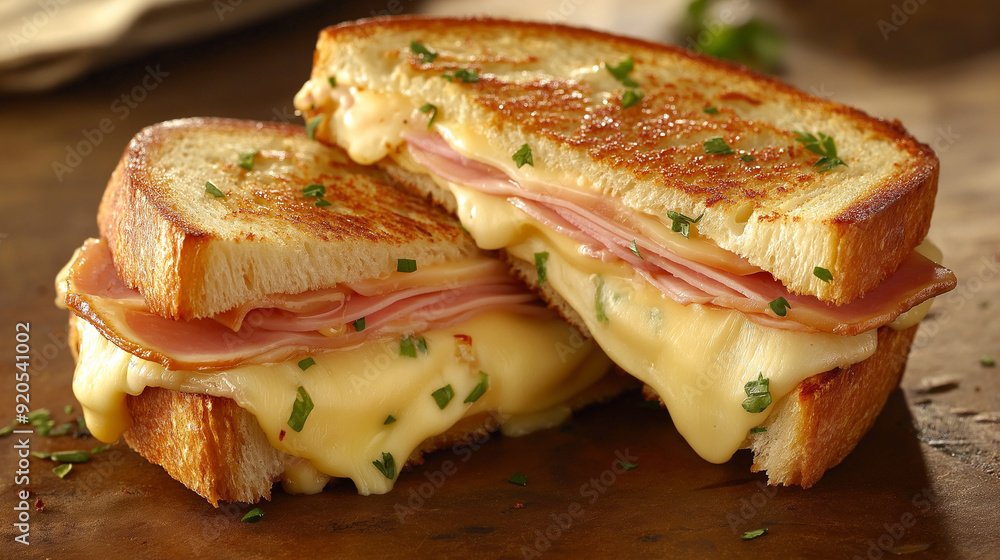 sandwich, cut into two halves, revealing its inner ingredients. The ...