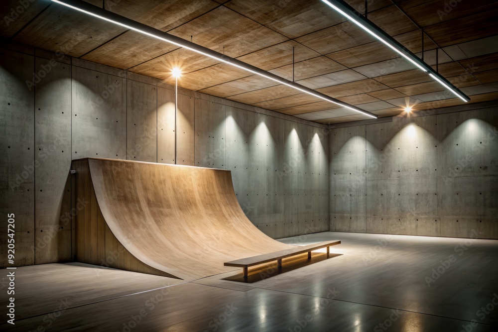 Empty vertical ramp interior with sleek concrete walls and wooden ...