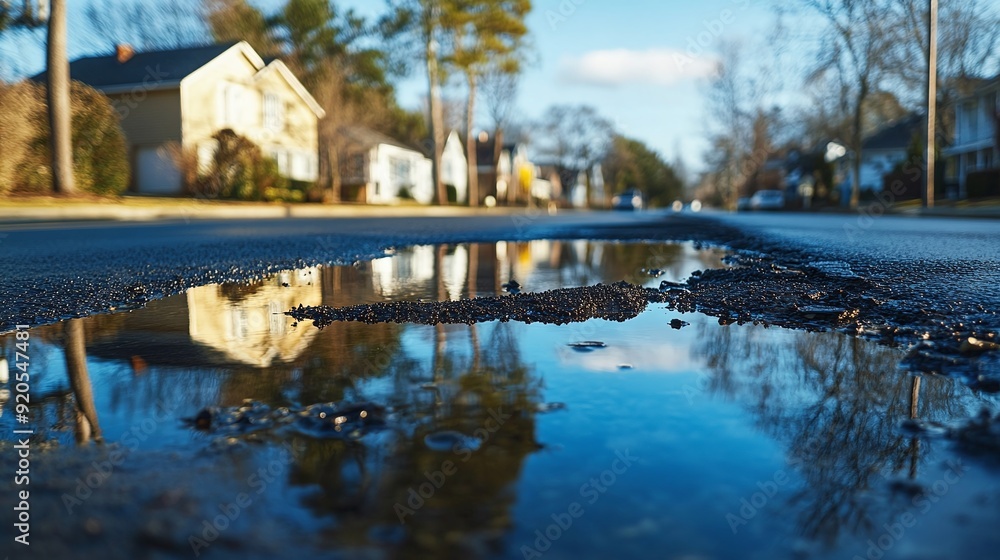 A close-up view of a road with large, deep potholes filled with water ...