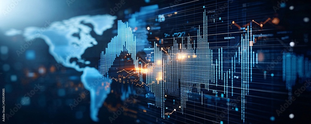 A bar graph showing fluctuating currency values with a world map ...