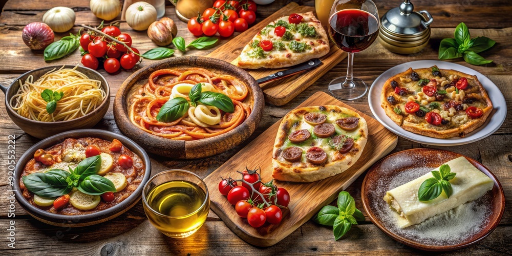 Vibrant arrangement of traditional Italian dishes, including pasta ...