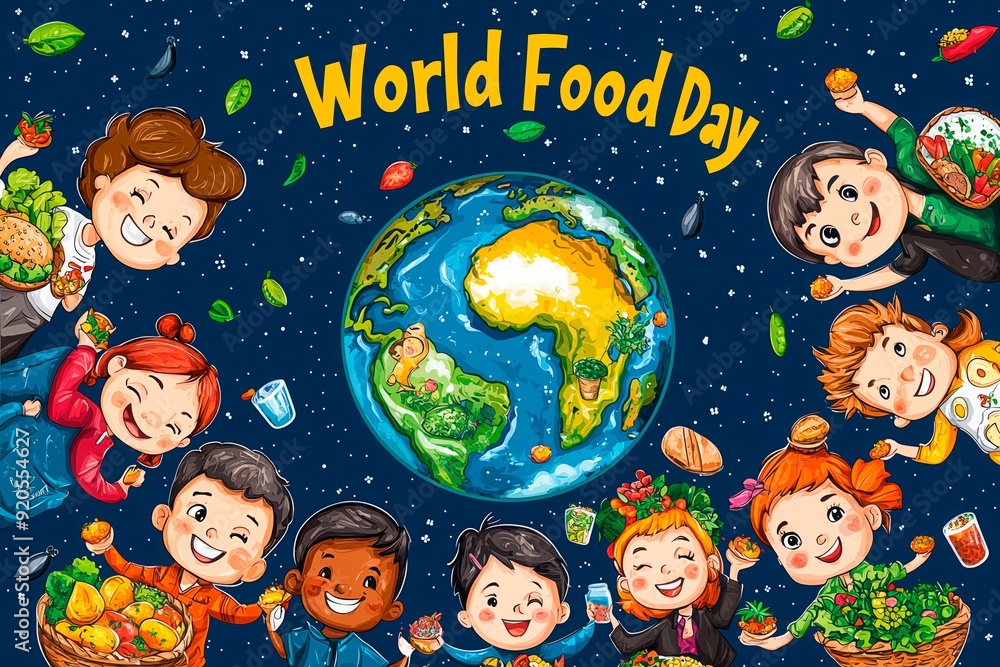 Children celebrating World Food Day with diverse dishes around a globe ...