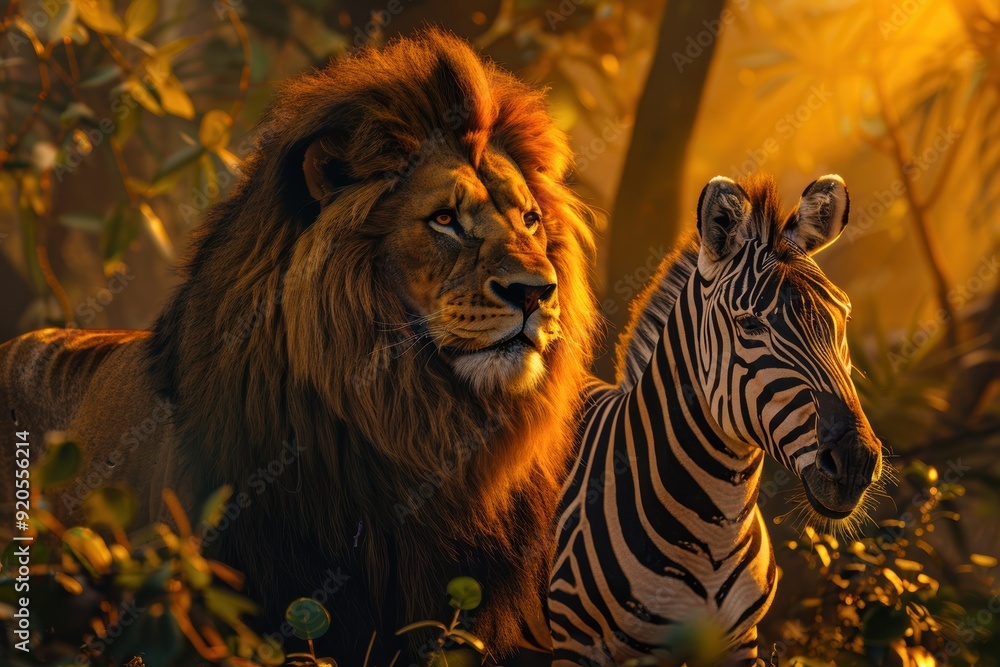 Lion and zebra lie close together amidst dense foliage, Unusual pairing ...