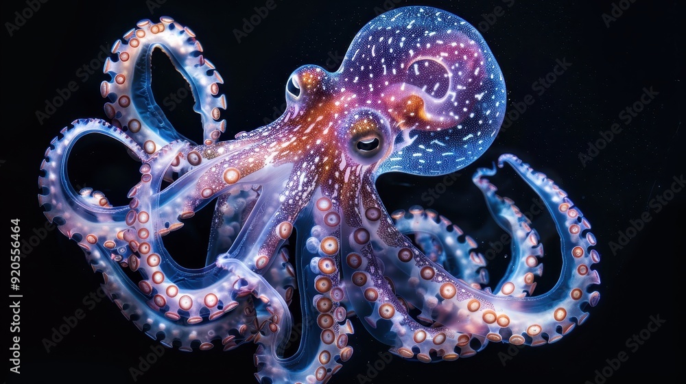 Bioluminescent octopus, characterized by its glowing tentacles and body ...